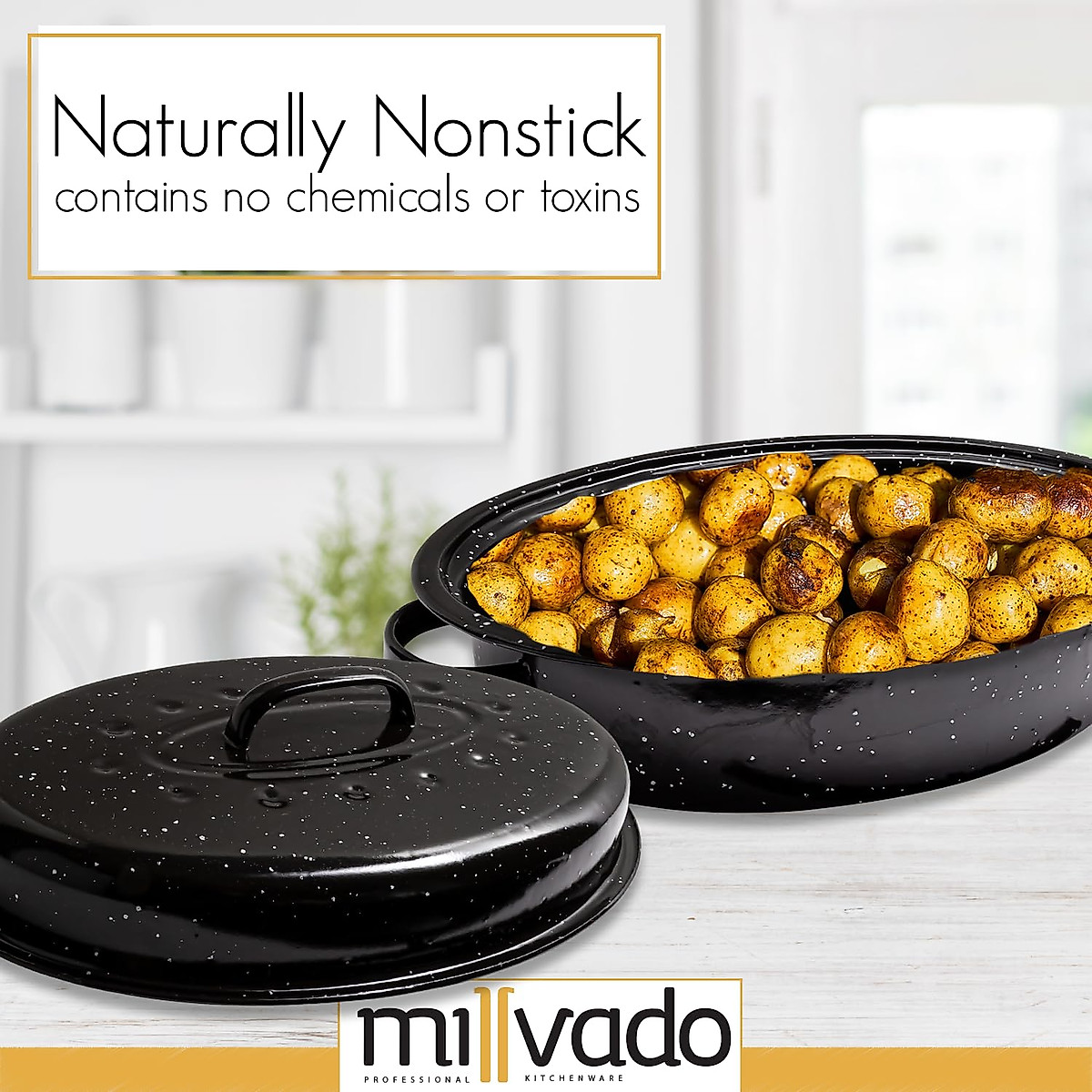 Millvado Roasting Pan With Lid, Thanksgiving Turkey Roaster Pan, Extra Large 20 lb Capacity, 19" Granite Oven Roaster Oval Shaped Speckled Enamel on Steel Cookware