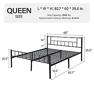 Metal Platform Bed Frame Queen Mattress Foundation Heavy-Duty Steel Slat Noise-Free Support with Headboard & Foot Board NO Boxing Spring Needed Under-Bed Storage Easy Assembly, Queen