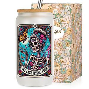 LEADO Tarot Card Funny Skull Cup, Halloween Cup Coffee Tumbler, 16 oz Cute Frosted Glass Cups with Lids Straws - Witchy Gifts for Women, Halloween Gifts, Christmas Gifts for Friend Mom Sister