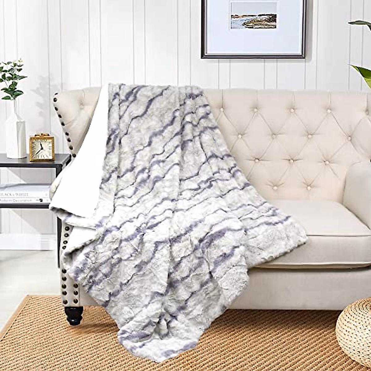 Home Soft Things Calla Soft Warm Cozy Fluffy Comfy Throw Blanket with Sherpa Backing 60'' x 80'', Luxurious Accent Plush Couch Bed Sofa Cover Farmhouse Décor