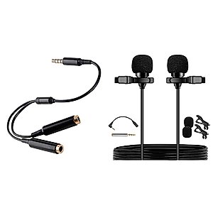 PoP voice 16 Feet Dual-Head Lavalier Microphone with TRRS Y Splitter