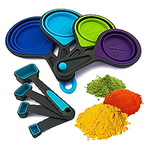 Collapsible Measuring Cups and Measuring Spoons | Portable Food Grade Silicone Measurement Cup Set for Liquid & Dry Food | Dog Food & Camping & Kids Measuring Cup