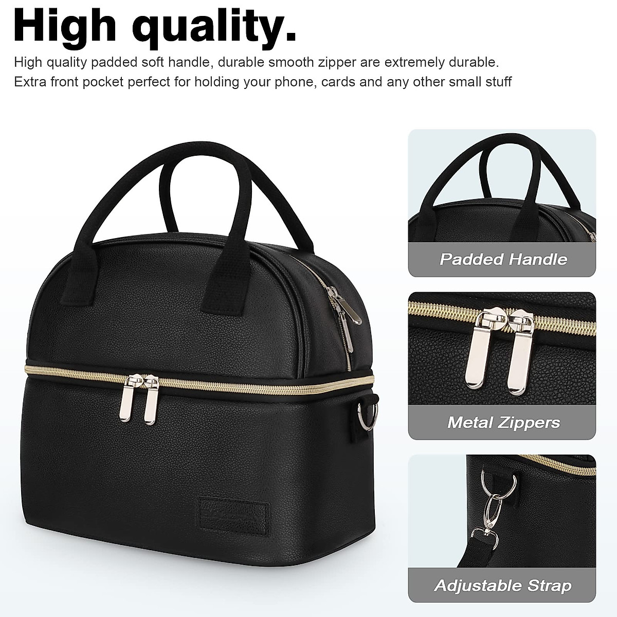 BALORAY Lunch Bag for Women Men, Double Deck Lunch Box for Adults, PU Leather Lunch Tote Bag Insulated Lunch Bags with Strap for Work Office Picnic (Solid Black)
