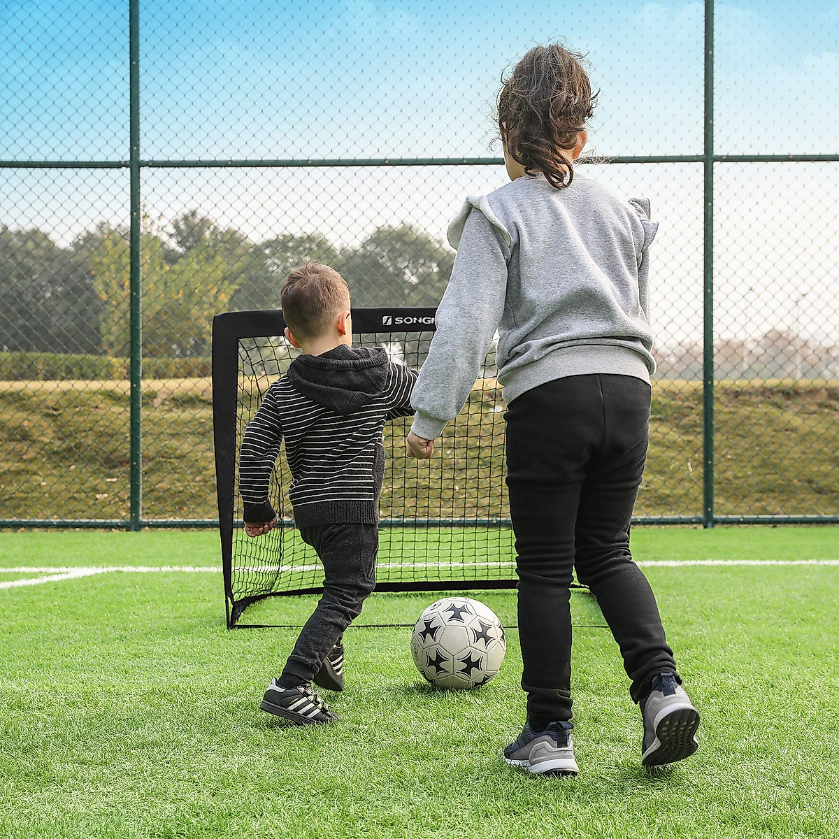 SONGMICS Kids Soccer Goals for Backyard, 4x3 ft Portable Soccer Nets Training Equipment, Toddler Soccer Goal with Carrying Bag, for Field, Black USZQ122B02
