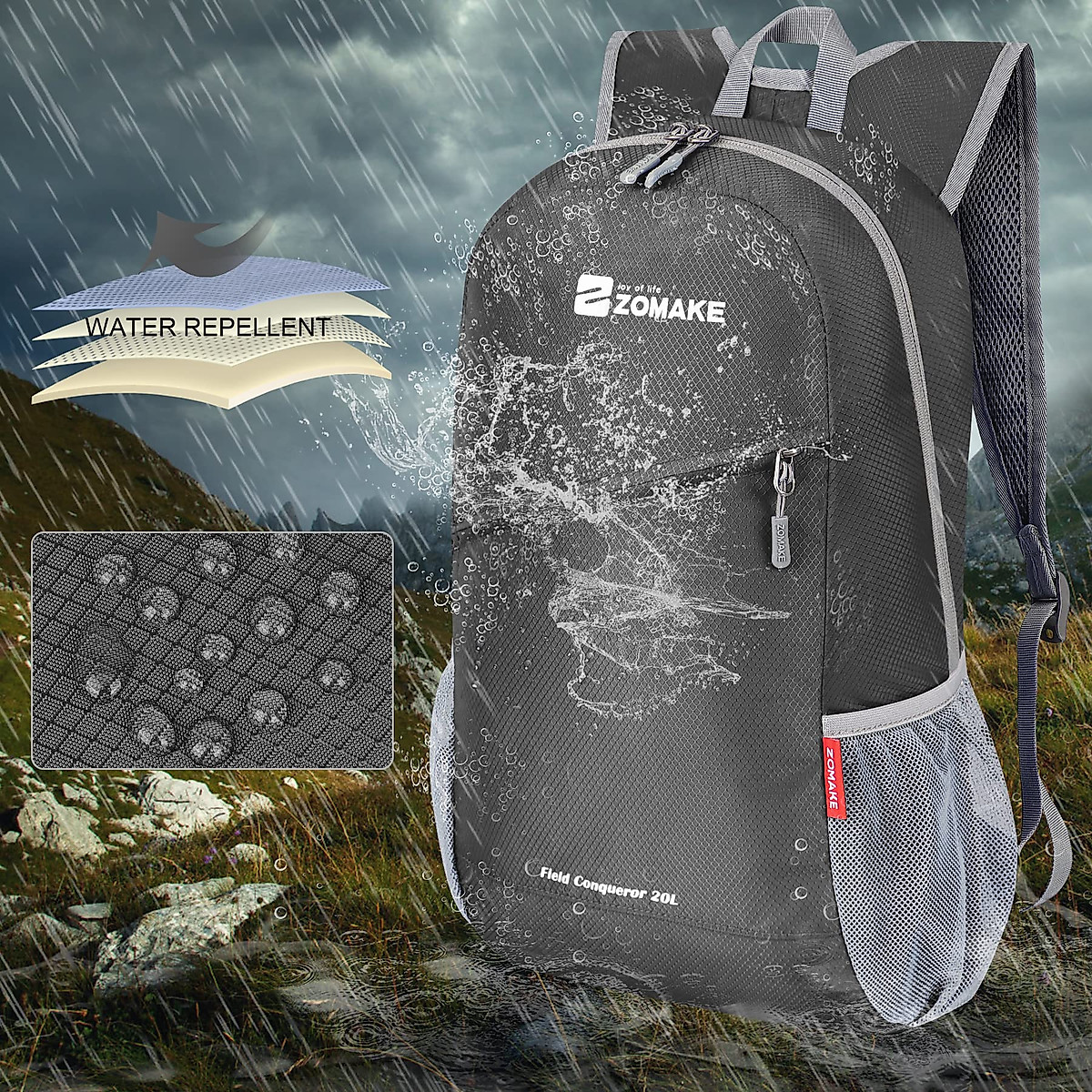 ZOMAKE 20L Packable Backpack:Lightweight Hiking Backpacks - Foldable Water Resistant Back Pack Packable Small Travel Day Pack for Camping Outdoor Hiking (Medium grey)