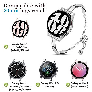 G-ficu Galaxy Watch 6/5/4 Band 20mm Metal Band for Samsung Galaxy Watch 4 5 6 Band 40mm 44mm, Women Slim Dressy Luxury Bangle Bracelet for Watch 5 40mm 44mm/Watch 5 Pro/Watch 4 Classic 42mm 46mm/Watch 6 Classic/Watch 3 41mm/Active 2-Silver