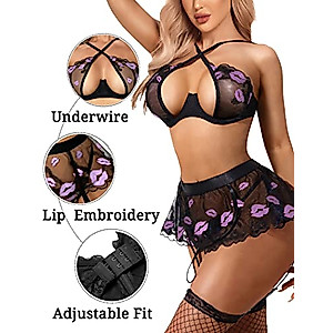 Avidlove Sexy Garter Set Lingerie for Women Push Up 3 Pcs Mesh Lingerie Set Lace Lingerie with G-string(Purple Lip,Small)