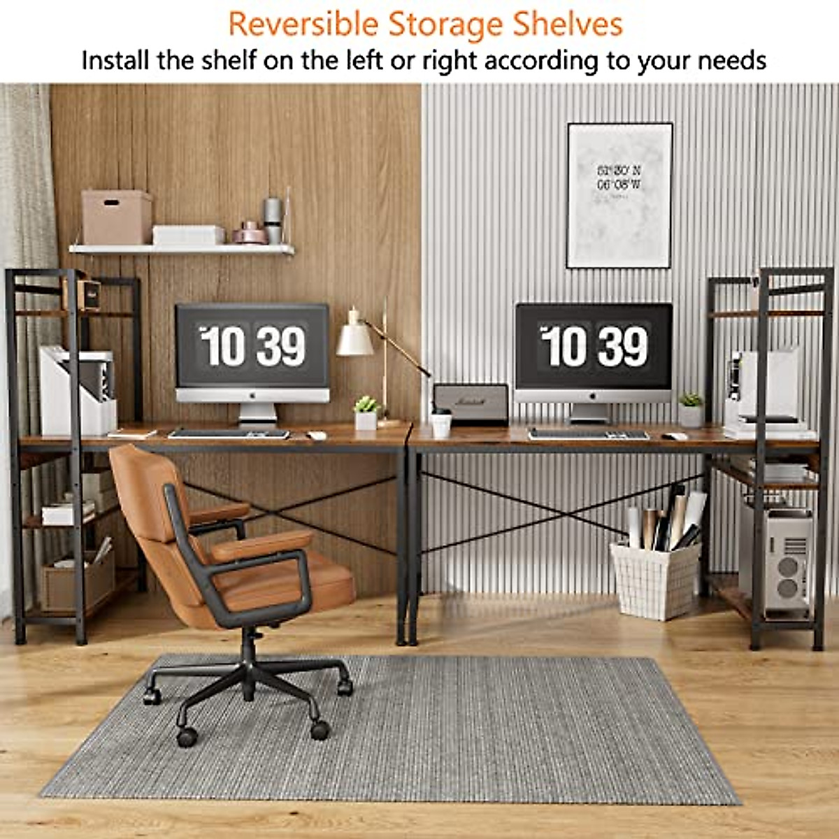 Engriy Computer Desk with 4 Tier Shelves for Home Office, 47" Writing Study Table with Bookshelf and 2 Hooks, Multipurpose Industrial Wood Desk Workstation with Metal Frame for PC Laptop, Rustic Brown