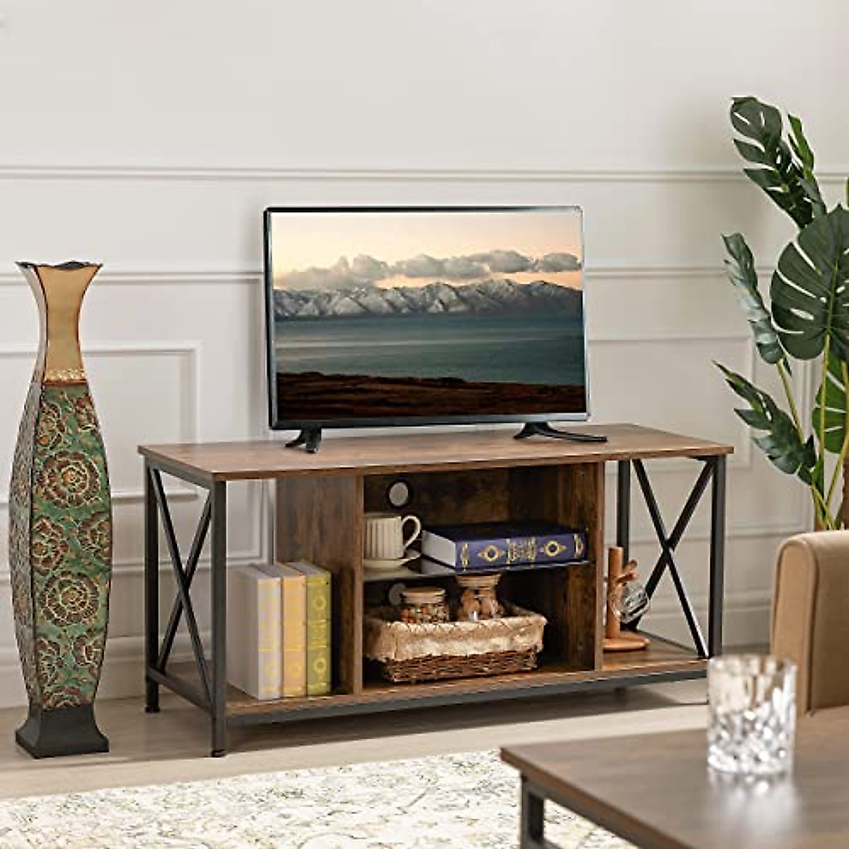 TV Stand for 50 inch TV with Led Lights, Gaming Entertainment Center 41.7" Small Media Console Table Wood Storage Cabinet for Living Room Bedroom, Rustic Brown