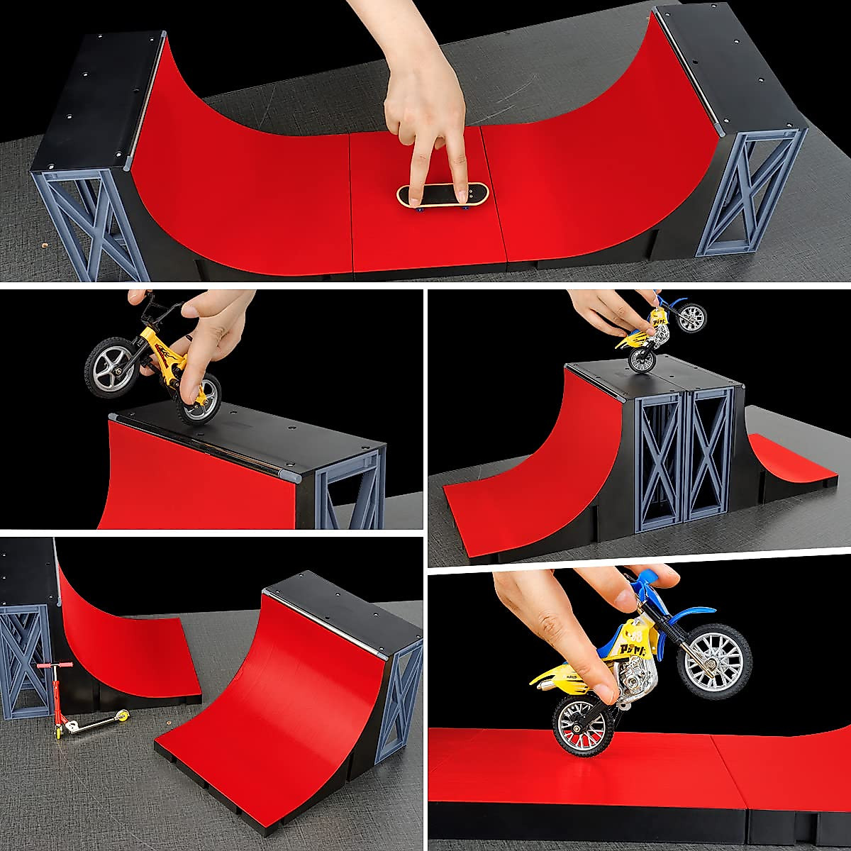 Half Pipe Skateboard Ramps Set, Bigger Fingerboard Skatepark Deck, Finger Skate Park Toy with Fingerboard Ramps, Skateboards, Finger Scooter, Finger Bike & Motorcycle for Adults Kids Gifts(Red)