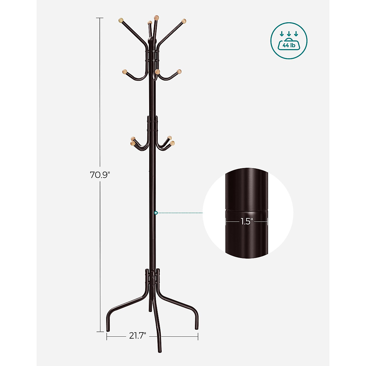 SONGMICS Coat Rack Freestanding, Metal Coat Rack Stand with 12 Hooks and 4 Legs, Coat Tree, Holds Clothes, Hats, and Bags, for Entryway, Living Room, Bedroom, Coffee Brown URCR031Z01