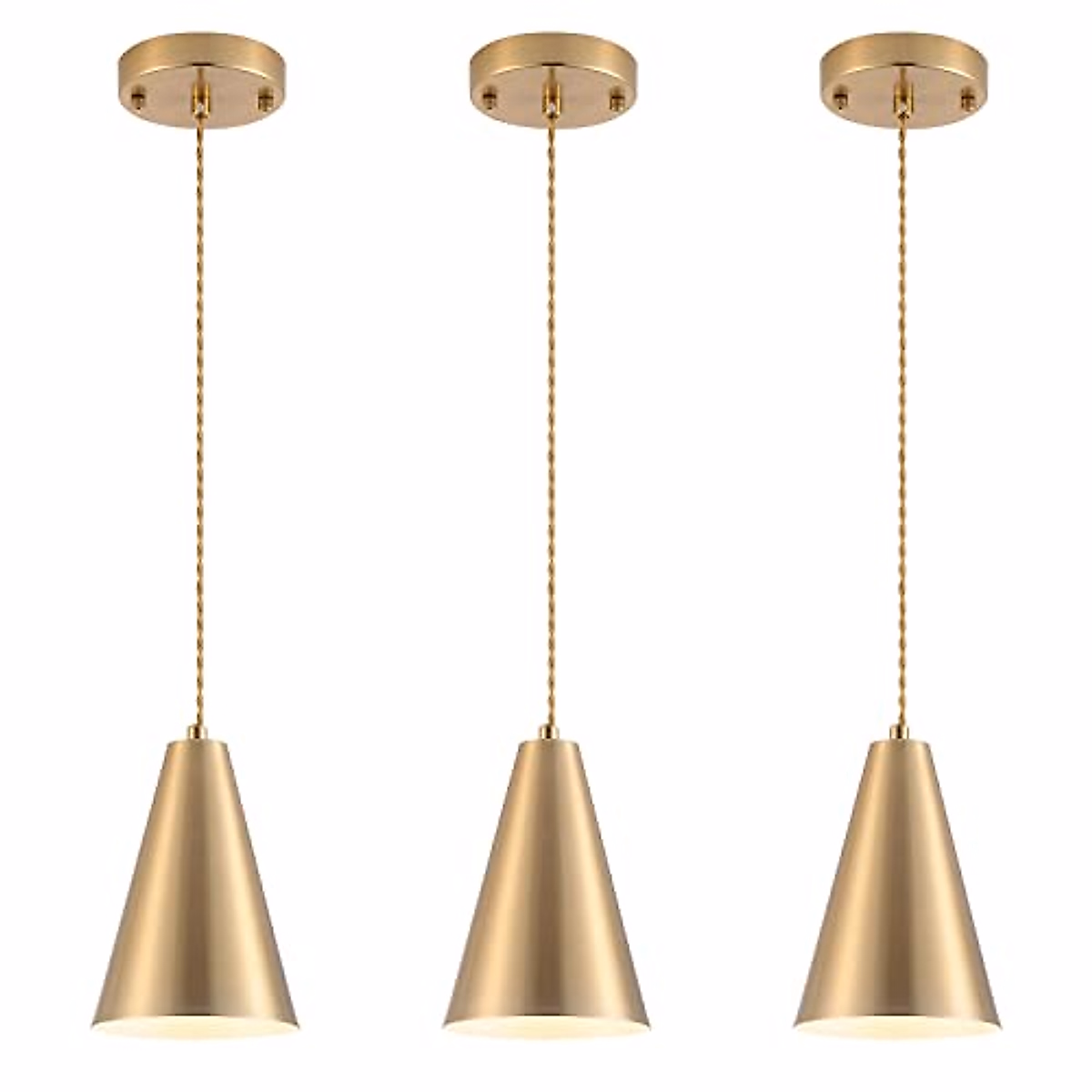 Gold Pendant Lights Kitchen Island,Dining Room Light Fixtures Over Table 3 Pack with Brushed Brass Cone Metal Shade, Modern Farmhouse Mini Chandeliers,Adjustable Cord Hanging Lighting for Bar,Sink