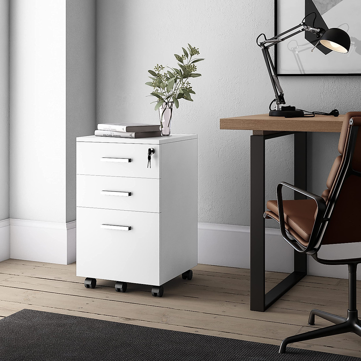 Lazio 26 Inch File Cabinet with Lock - Filing Cabinet for Home and Office - 3 Drawer File Cabinet with Wheels for A4 Sized Letters/Documents, Legal Sized Documents, Hanging File Folders - White/White