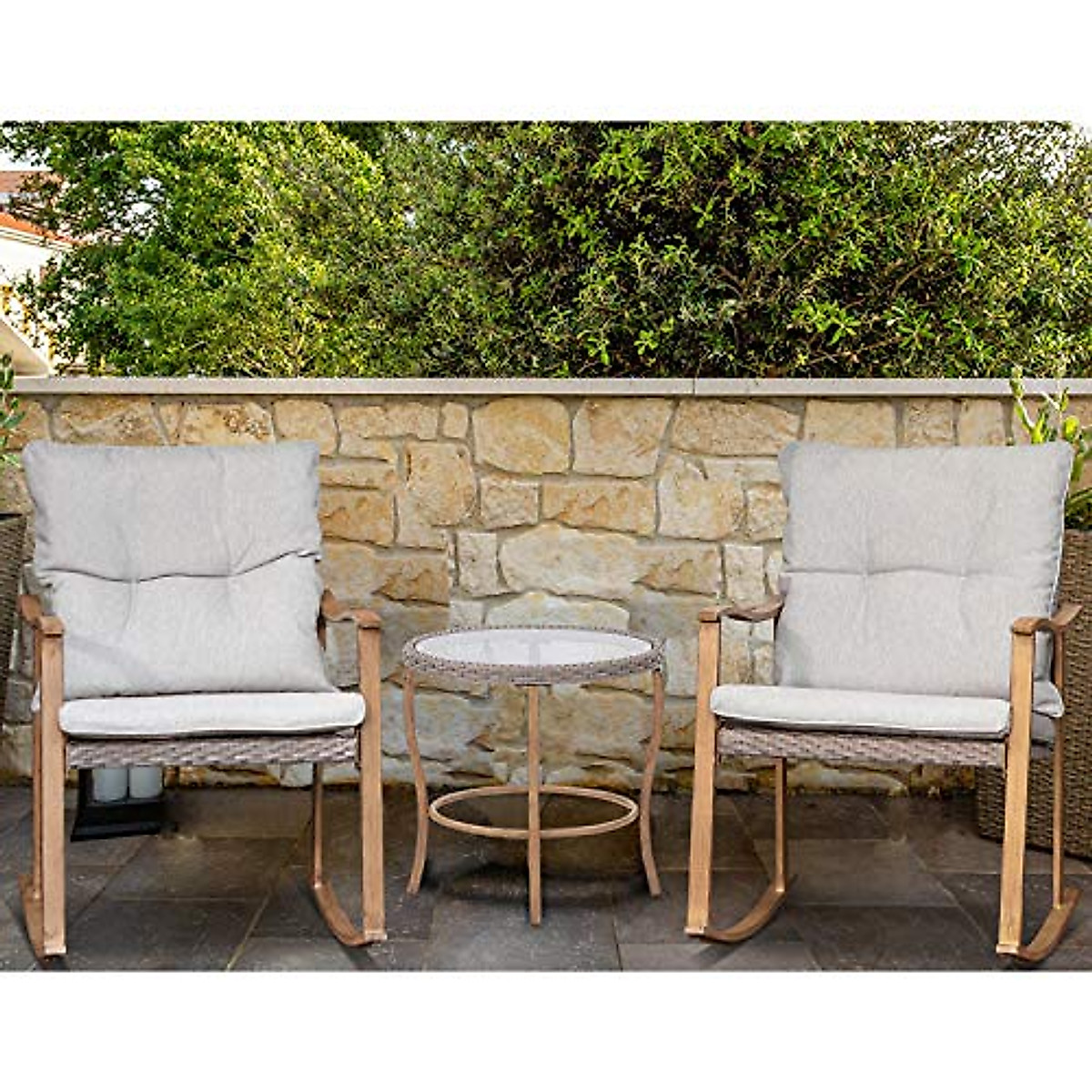 AQUILLA 3 Pieces Rocking Chairs Table, 350lb Capacity Outdoor Patio Furniture Set Woodgrain w Grey Cushions and Round Glass Top Desk for Garden, Porch, Backyard