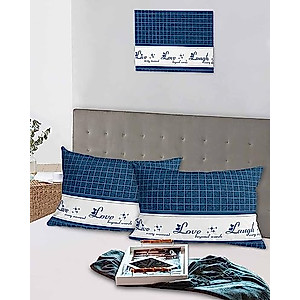 Edwiinsa Navy Blue Plaid Pillow Covers Standard Size Set of 2 20x26 Bed Pillow, Farmhouse White Live Love Laugh Plush Soft Comfort for Hair/Skin Cooling Pillowcases with Envelop Closure
