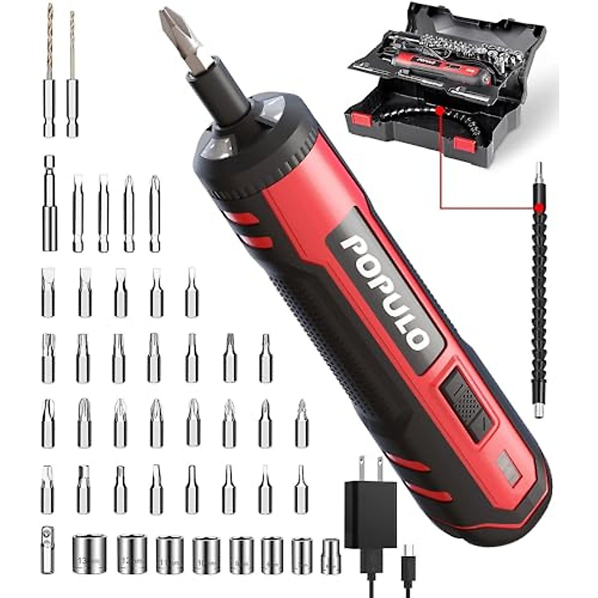 POPULO 4V Electric Screwdriver Kit,6 Torque Settings, Power Screwdriver Cordless Rechargeable with LED Work Light, 32 pieces Screwdriver Bits, 8 Sockets, Flex Hex Shaft, Bit Holders and Storage Box