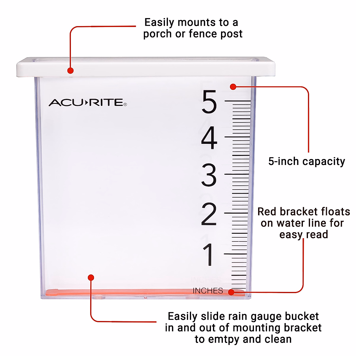 AcuRite Waterfall Rain Gauge with 5-inch Rainfall Capacity (00858W), Clear