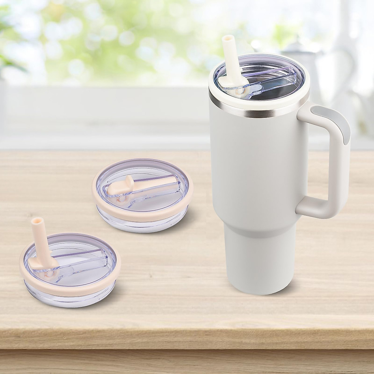 40 oz Tumbler Flip Straw Lid Compatible with Stanley Cup 40oz Tumbler Tumbler Cover Compatible with Stanley Cup Quencher (Cream White, 2 Pack)