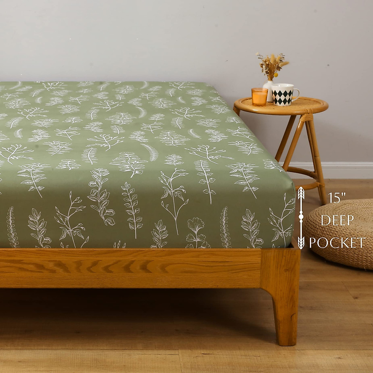 FULTEMPS Floral Sheets Set, Premium 100% Microfiber Flowery Beding Set Elegant Gingko Leaf Printed Farmhouse Bedding White Plants Deep Pocket Fitted Bed Sheets (King, Sage Green)