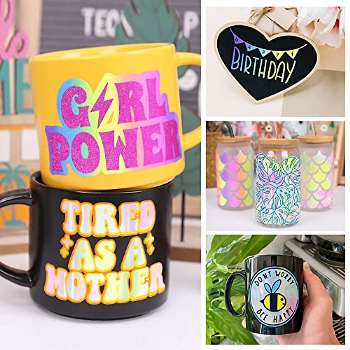 TECKWRAP Holographic Vinyl Glossy Candy Color Adhesive Vinyl for Craft Cutter 12" x 5ft, Pastel Rainbow