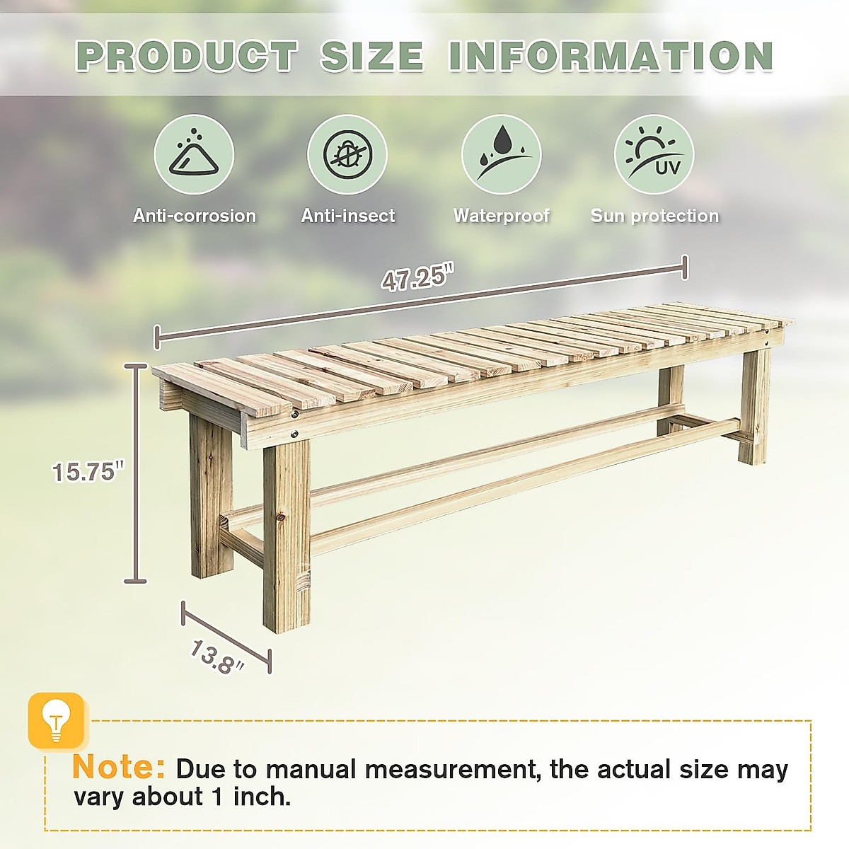 LSPYYDS Outdoor Garden Bench, 2-Person Wood Patio Bench Weatherproof Outdoor Backless Bench, Anti-Corrosion and Anti-Rust Garden Benches for Garden Lawn Porch Park Backyard (Natural,47.25''/120cm)