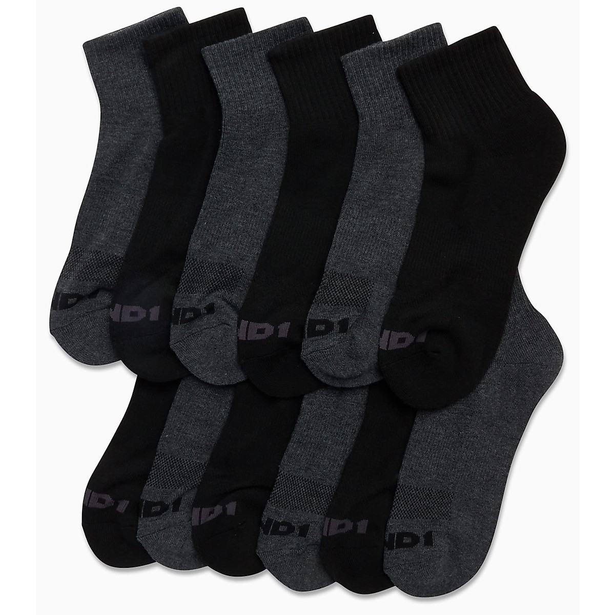 AND1 Men's Socks - Athletic Cushion Quarter Cut Ankle Socks (12 Pack), Size 6-12.5, Black/Grey