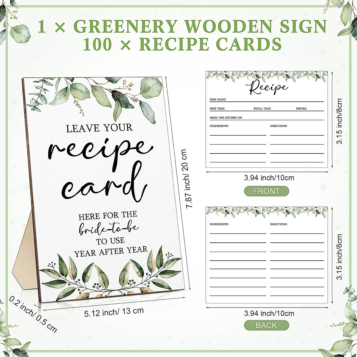 Geyoga 114 Pcs Recipe Cards Bridal Shower Favor for Guest 1 Leave Your Recipe Card Display Sign 1 PET Jar 100 Recipe Card Double Sided 12 Fine liner Ink Pen for Wedding Bridal Shower (Greenery)