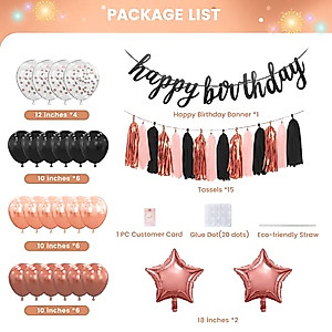 Black Rose Gold Birthday Party Decorations - Glittery Black Happy Birthday Banner(Pre-Strung), Tissue Paper Tassels Garland and Foil Confetti Balloons for Women Girls(Black Rose Gold).