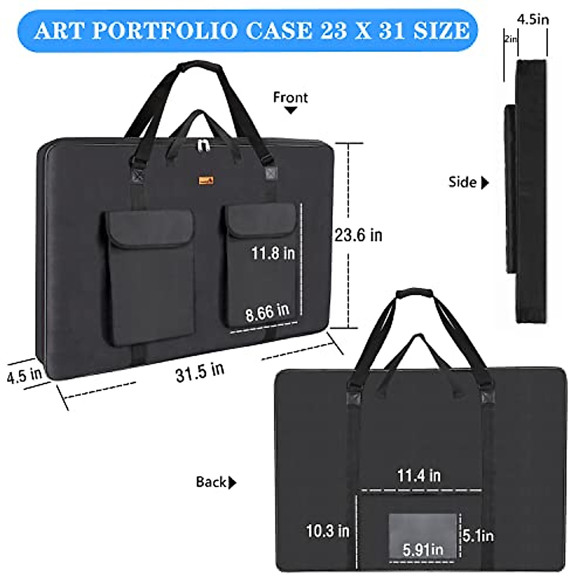 TreochtFUN Art Portfolio 23 X 31, Portfolio Case A2 Heavy duty Portfolio Folder for Artwork With Shoulder Strap, Art Supply Bag For Large Painting Board Supplies .(Black)