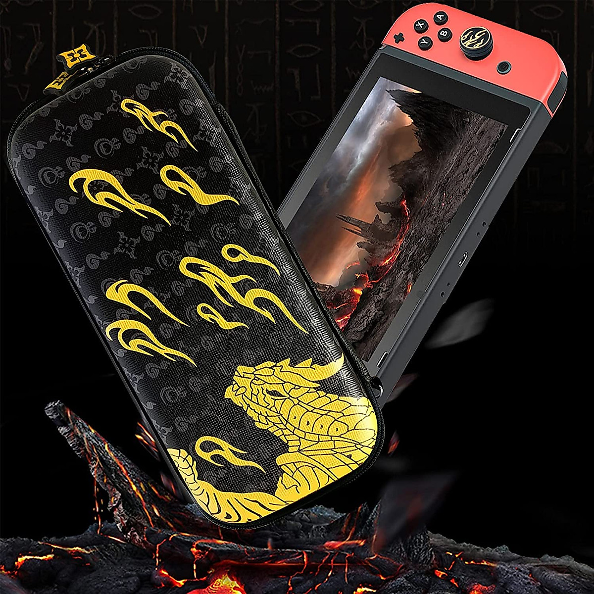 Frusde for Switch Carry Case Monster Hunter Rise, Portable Carrying Case for Switch with 4 MHR Silicone Thumb Grip Caps, Travel Case Cover with 10 Playing Card Slots for Switch Console & Accessories