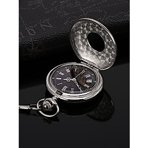 Hicarer Vintage Pocket Watch Steel Men Watch with Chain (Silver)