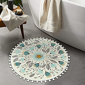 Uphome Small Round Rug 2’ Circle Cute Bath Mat with Pom Poms Fringe Floral Plant Washable Bathroom Rugs Soft Non-Slip Circular Throw Rug Carpet for Shower Sink Powder Room Nursery Bedroom Table