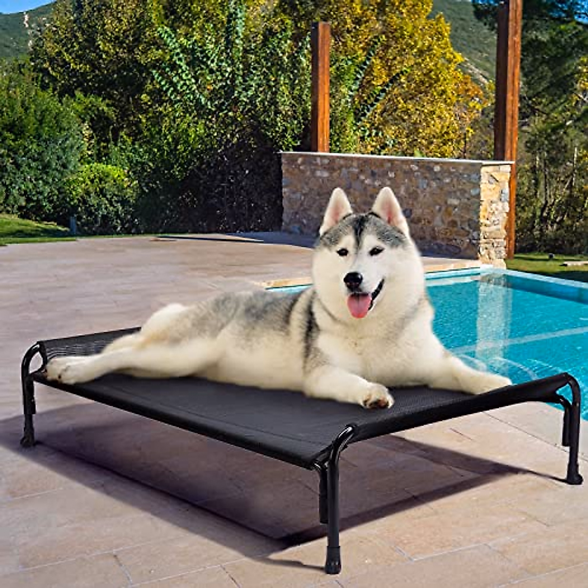 Veehoo Elevated Dog Bed, Outdoor Raised Dog Cots Bed for Large Dogs, Cooling Camping Elevated Pet Bed with Slope Headrest for Indoor and Outdoor, Washable Breathable, X-Large, Black, CWC2204