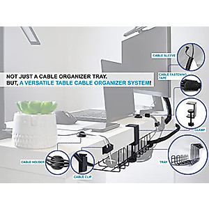 MANA'O Clamp-On Cable Management Tray Kit. Under Desk Storage Cord Organizer with Clamp! and Accessories - Cable Clips, Fastening Tape, Ties Straps and Wire Organizer Cover Braided Cable Sleeve