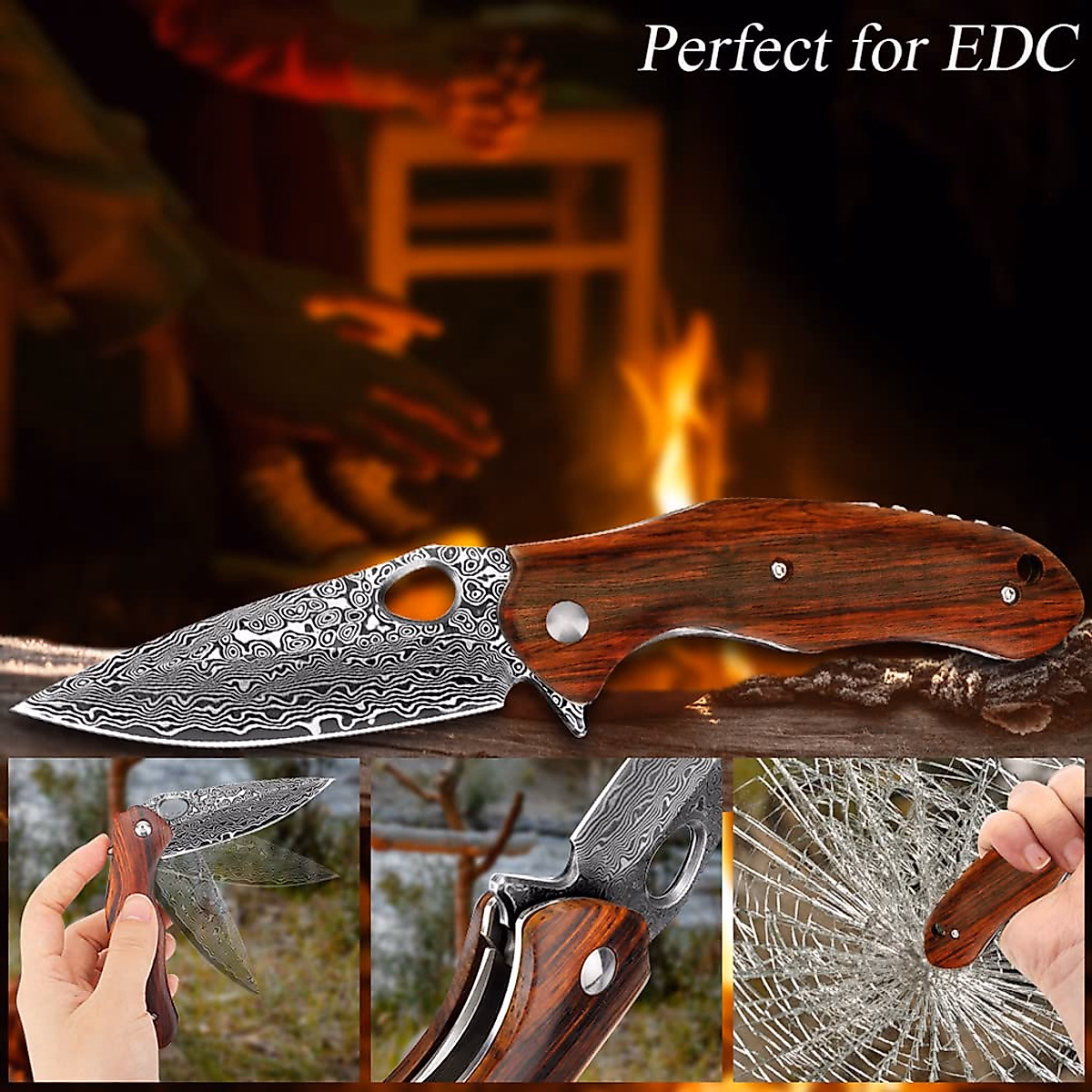 Benkey Damascus Folding Knife, Sharp VG10 Core Damascus Steel Pocket Knives with Natural Wood Handle, Quality Leather Sheath, Ball Bearing, Liner Lock, Lightweight Pocket Knife for EDC Men Women