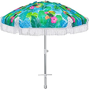 AMMSUN 6.5ft Heavy Duty HIGH Wind fringe Beach Umbrella with sand anchor & Tilt Sun Shelter , UV 50+ Sun Protection Outdoor Sunshade Umbrella with Carry Bag for Patio Garden Beach Pool Backyard Sports Multicolor Green