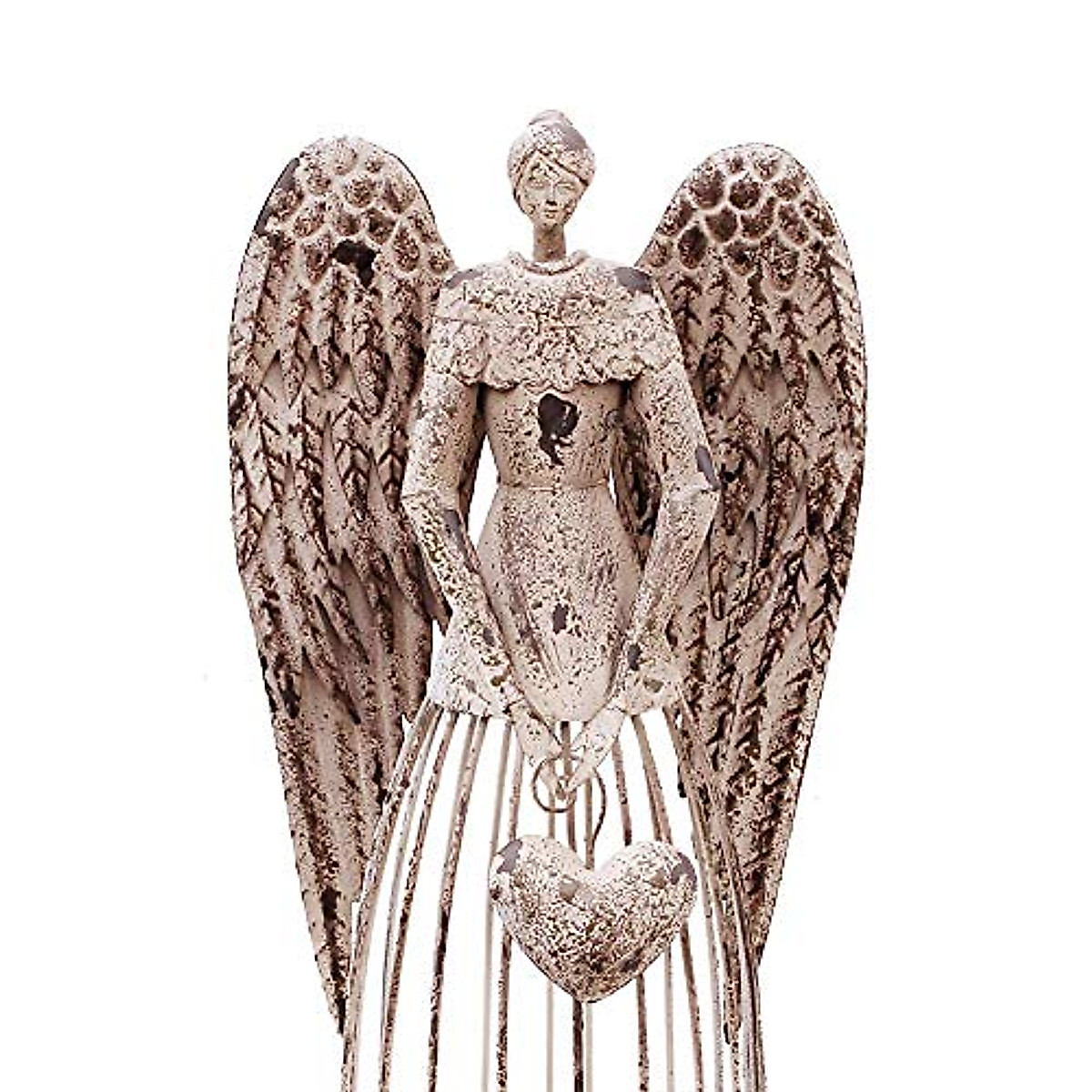 Antiqued Metal Garden Angel Statue with Heart, Indoor Outdoor Angel Yard Art Decor Lawn Patio Decorations Holiday Decor Garden Present Idea, 32"H