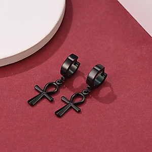 FaithHeart Ladies Stainless Steel Ankh Cross Dangle Hinged Hoop Earrings, Women Hoop Huggie Earrings Egyptian Cross Drop Dangle Earrings-Black