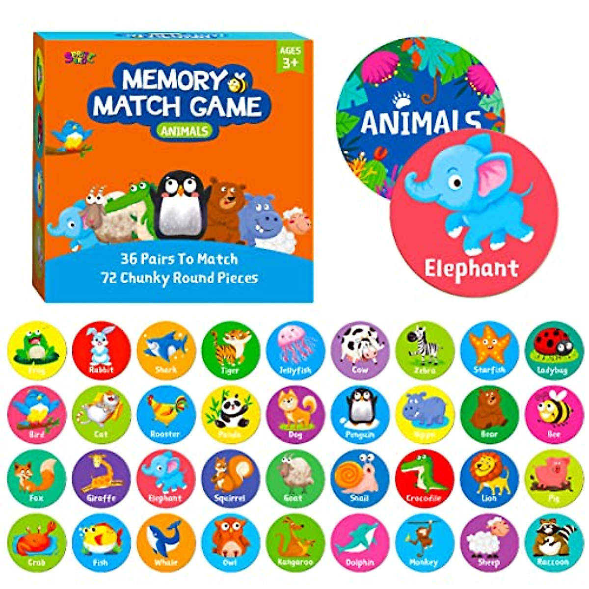 Memory Matching Game, 72 PCS Animal Matching Cards for Toddlers 36 Pairs Memory Cards for Preschool 4 5 6 Years Old