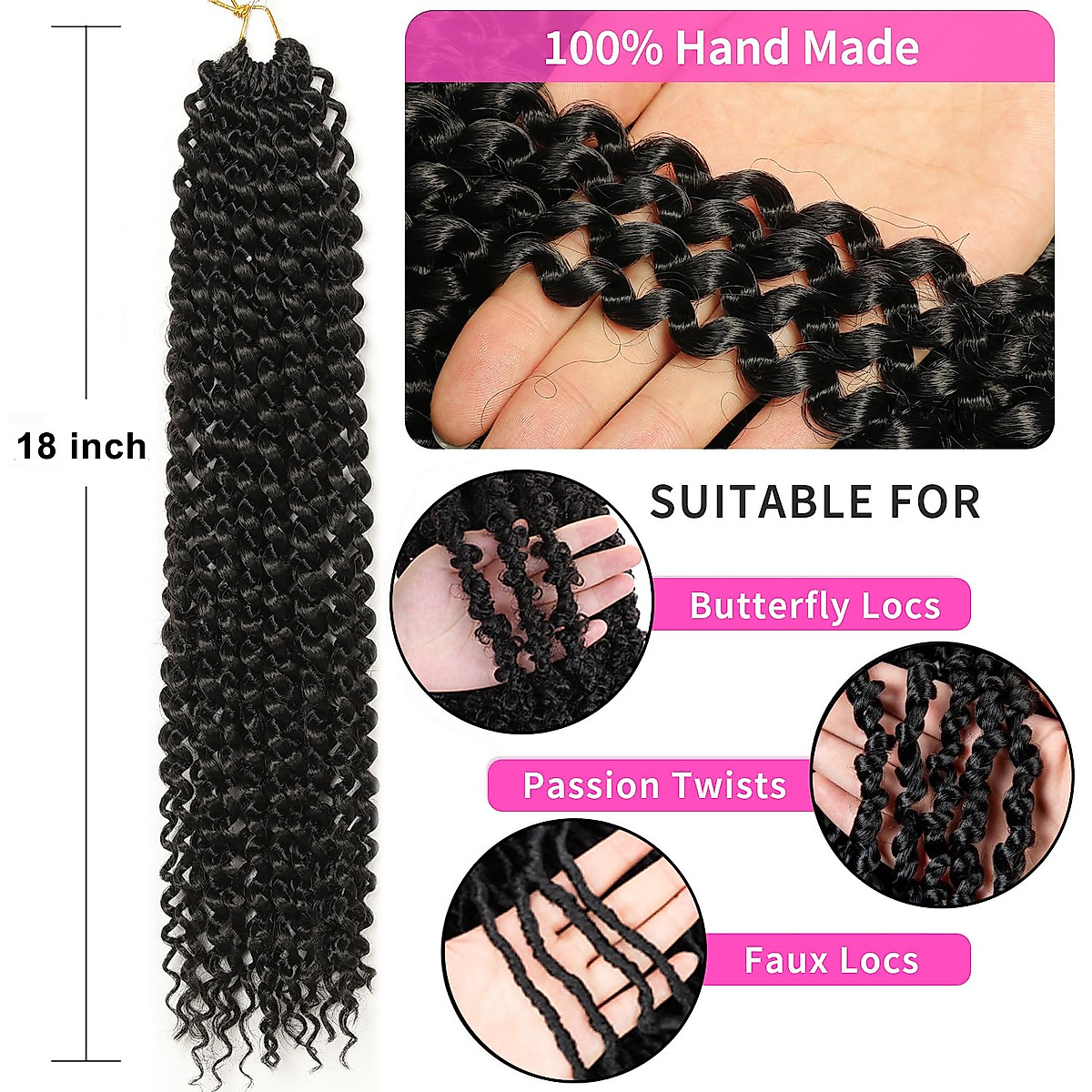 Ubeleco Passion Twist Hair 18 Inch 132 Strands Water Wave Crochet Hair Long Curly Braiding Hair Spring Twist Crochet Braids Hair Extensions for Black Women(18inch,1B)