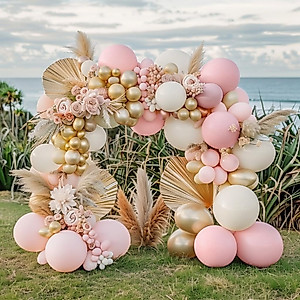 HIBAO Pink White Gold Balloon Garland Double Stuffed Pastel Baby Pink Cream Gold Balloon Arch Kit for Baby Bridal Shower Wedding Engagement Birthday Party Decoration