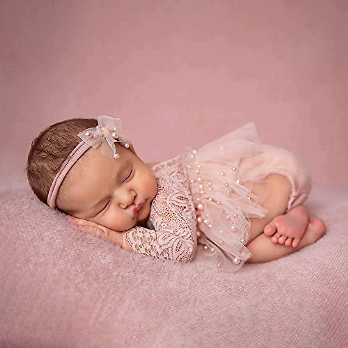 Pink Lace Newborn Photography Outfits Girl Newborn Photography Props Pearl Lace Rompers Newborn Girl Lace Romper Photoshoot Outfits Baby Photo Props (Long Sleeve, Pink, 0-2Months)