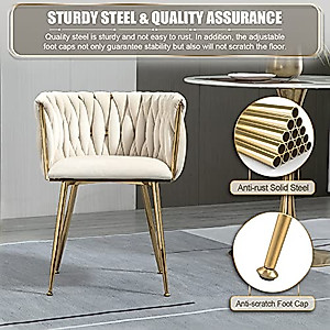 Upholstered Velvet Dining Chairs Set of 2, Modern Living Room Chair with Woven Back and Golden Metal Legs, Mid-Century Accent Side Chair for Dining Room, Living Room, Kitchen, Vanity Room, Ivory