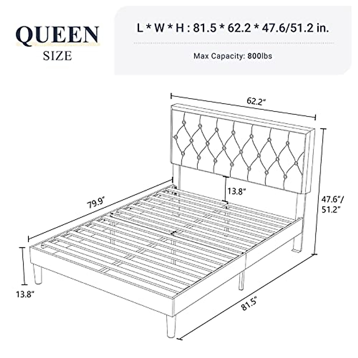 Allewie Queen Size Button Tufted Platform Bed Frame/Fabric Upholstered Bed Frame with Adjustable Headboard/Wood Slat Support/Mattress Foundation/Dark Grey (Queen)