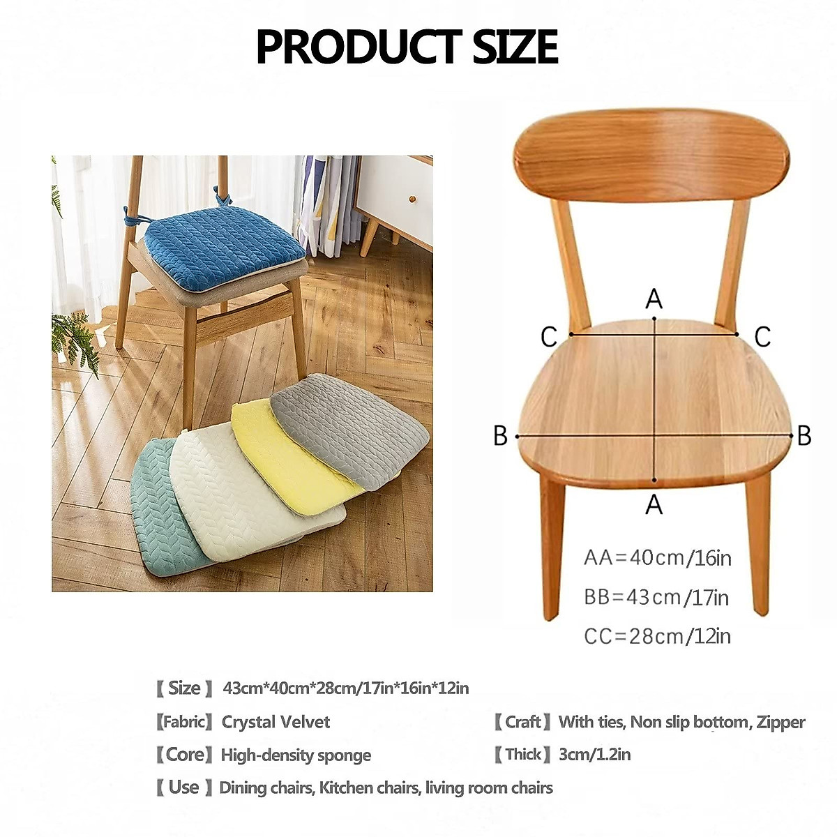 ZIBENE Chair Cushions for Dining Chairs 4 Pack with Ties, Seat Cushion for Kitchen Chairs Set of 4, Chair Pads and Cushions for Dining U Shaped, Cover Removable and Washable, No Fading Yellow