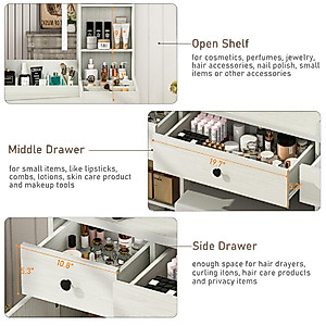 jiteentarou Farmhouse Vanity Desk w/Outlet & Stool, 11 Storage Shelves 3 Drawers 2 Big Cabinets, 43" White Vanity Table Make up Desk w/Mirror and Lights, Rustic LED Vanity Set for Women, Girls