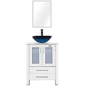 eclife 24" Bathroom Vanity Sink Combo White Cabinet Ocean Blue Square Tempered Glass Vessel Sink & 1.5 GPM Water Save ORB Faucet Solid Brass Pop Up Drain,with Mirror (Ocean Blue Square Sink A04B02W)