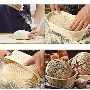 Bread Banneton Proofing Basket Set of 2,10 Inch Oval Cane Sourdough Baskets with Lame + Dough Scraper Linen Liner Basting Brush for Making Baking