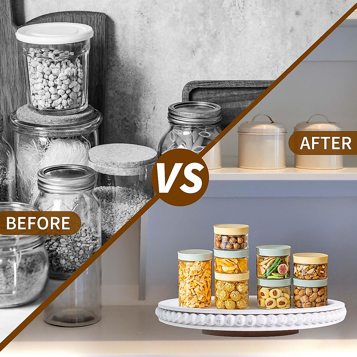 HPC Decor 12 Inch Beaded Lazy Susan- Wooden Lazy Susan Organizer- Farmhouse Table Decor- Round Lazy Susan for Table Cabinet- Kitchen Turntable 360 Degrees Rotating Table Decor Spinning Tray (White)