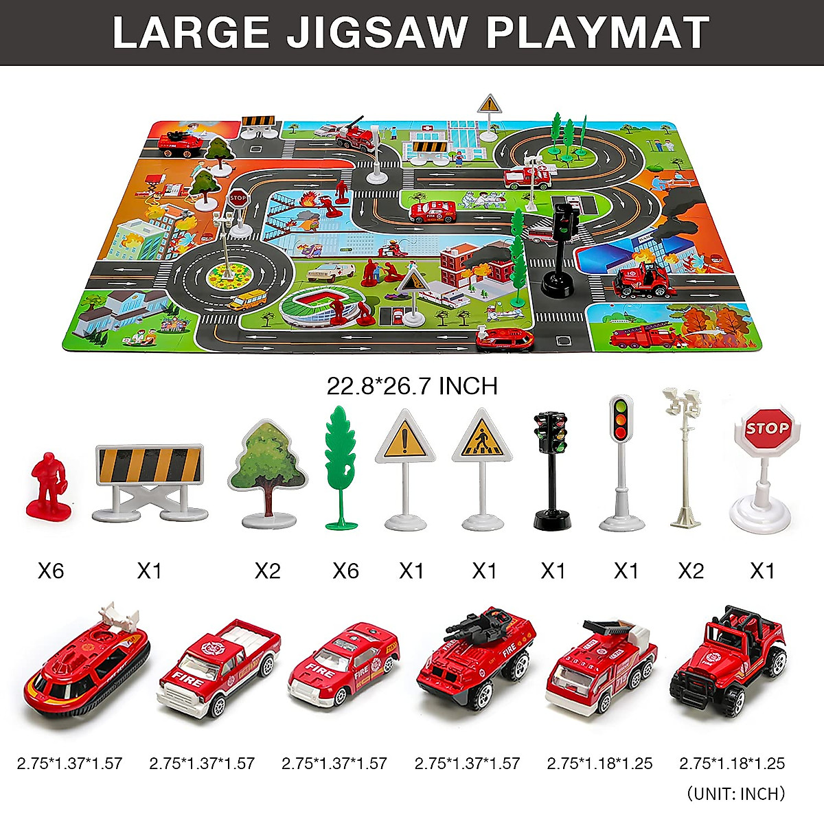 Fire Truck Toy Set,6 Pack Die-cast Fire Engine Model Car Toys,6 Pack Firefighter,Mini Alloy Metal Pull Back Car Toy with Large Jigsaw Fire Rescue Play Mat for Kids Boys Girls Toddler